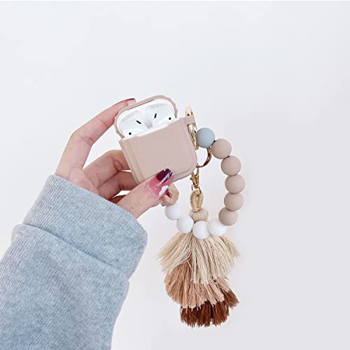 Gtinna Fashion Cute Stripe for Apple AirPods 1&2 Case,Silicone Case for AirPods Wireless Charging Case with Silicone Beaded Bracelet Colorful Tassel Charm Keychain Accessories (Khaki)