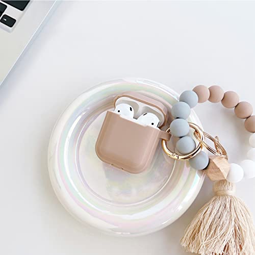 Gtinna Fashion Cute Stripe for Apple AirPods 1&2 Case,Silicone Case for AirPods Wireless Charging Case with Silicone Beaded Bracelet Colorful Tassel Charm Keychain Accessories (Khaki)