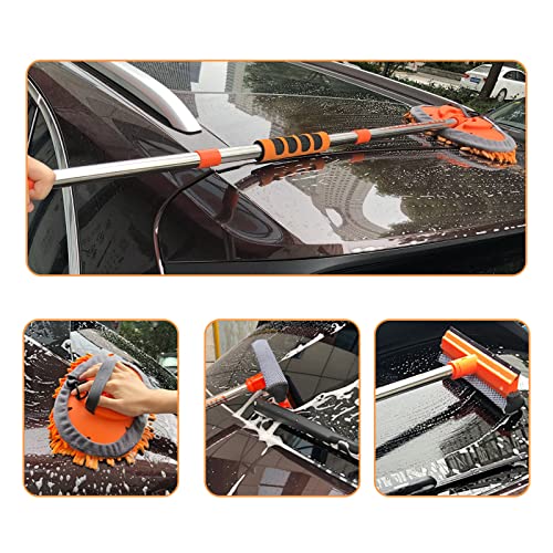 AgiiMan Car Wash Brush with Long Handle - 3 in 1 Car Cleaning Mop, Chenille Microfiber Mitt Set, Adjustable Length 24in-43in Glass Scrabber Vehicle Cleaner Kit, Orange