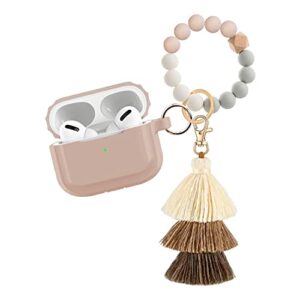 airpod pro case,gtinna fashion cute stripe airpod pro cover case,soft silicone case for apple airpod pro wireless charging case with silicone beaded bracelet tassel keychain accessorie (khaki)