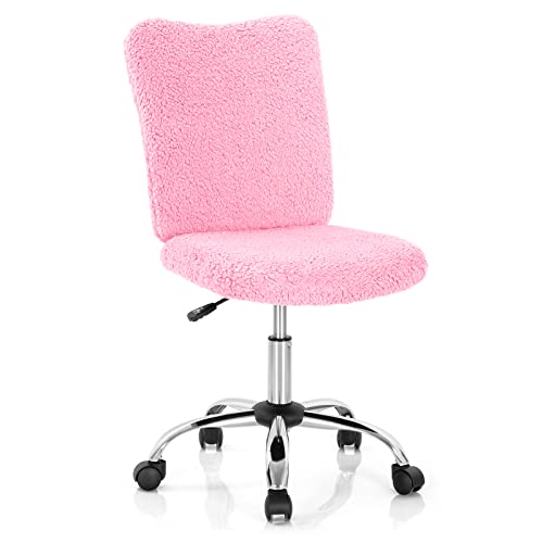 Giantex Faux Fur Office Chair, Armless Home Desk Chair, Height Adjustable Swivel Cute Chair, Middle Back Chair w/Chrome Base, Modern Fuzzy Vanity Chair, Rolling Task Chair for Study Bedroom (Pink)