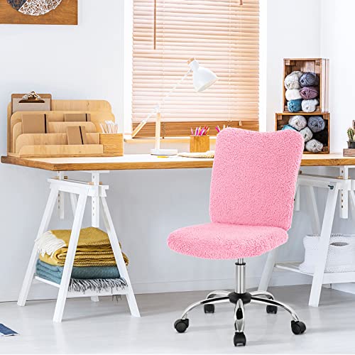 Giantex Faux Fur Office Chair, Armless Home Desk Chair, Height Adjustable Swivel Cute Chair, Middle Back Chair w/Chrome Base, Modern Fuzzy Vanity Chair, Rolling Task Chair for Study Bedroom (Pink)