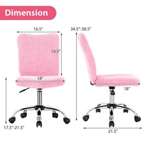 Giantex Faux Fur Office Chair, Armless Home Desk Chair, Height Adjustable Swivel Cute Chair, Middle Back Chair w/Chrome Base, Modern Fuzzy Vanity Chair, Rolling Task Chair for Study Bedroom (Pink)