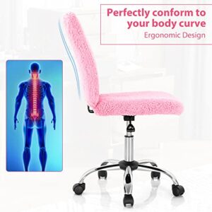 Giantex Faux Fur Office Chair, Armless Home Desk Chair, Height Adjustable Swivel Cute Chair, Middle Back Chair w/Chrome Base, Modern Fuzzy Vanity Chair, Rolling Task Chair for Study Bedroom (Pink)