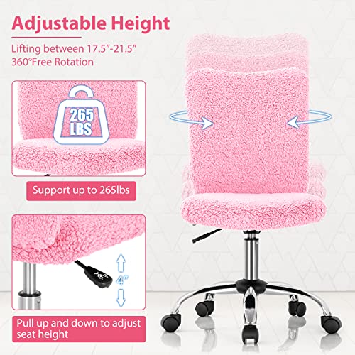 Giantex Faux Fur Office Chair, Armless Home Desk Chair, Height Adjustable Swivel Cute Chair, Middle Back Chair w/Chrome Base, Modern Fuzzy Vanity Chair, Rolling Task Chair for Study Bedroom (Pink)