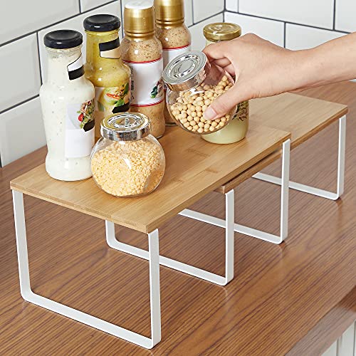 SONGMICS Bamboo Shelf Organizers and Metal Shelf Organizers Bundle, Stackable, Expandable Kitchen Shelves, White and Natural UKCS01WT and UKCS02NW