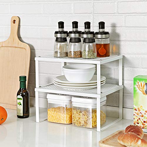 SONGMICS Bamboo Shelf Organizers and Metal Shelf Organizers Bundle, Stackable, Expandable Kitchen Shelves, White and Natural UKCS01WT and UKCS02NW