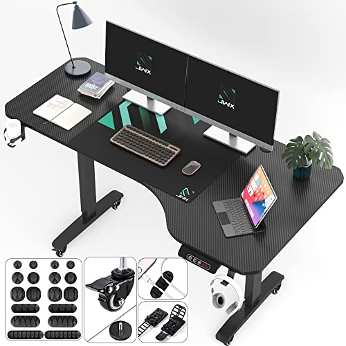 JWX Standing Adjustable Desk, 63 inches L Shaped Electric Standing Gaming Desk with Locking Wheels, Cup Holder, Headphone Hook, Cable Manager, Mouse pad, Carbon Fiber Textured Pane