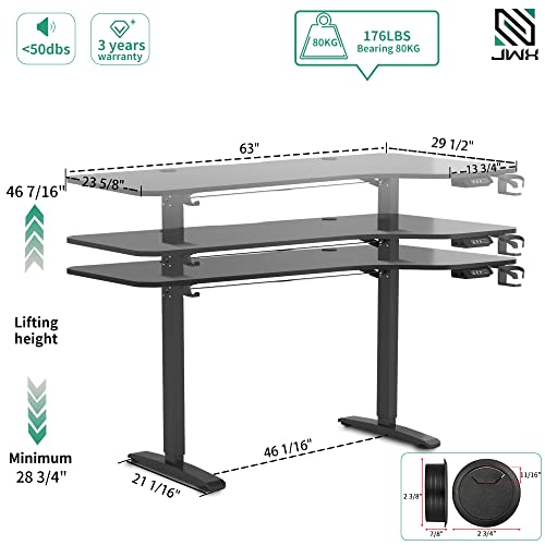 JWX Standing Adjustable Desk, 63 inches L Shaped Electric Standing Gaming Desk with Locking Wheels, Cup Holder, Headphone Hook, Cable Manager, Mouse pad, Carbon Fiber Textured Pane