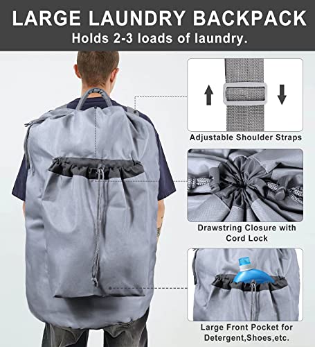 VividPaw Laundry Bag Extra Large Heavy Duty, Laundry Backpack for College students, Travel Laundry Bags with Adjustable Strap, Pockets and Handle, Dirty Clothes Hamper, College Dorm Room Essentials (Grey)