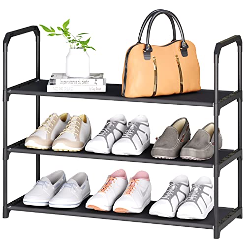 SHELAKET 3-Tiers Stackable Shoe Rack, Expandable & Adjustable Waterproof Fabric Shoe Shelf Storage Organizer For Closet Bedroom Entryway (Black)