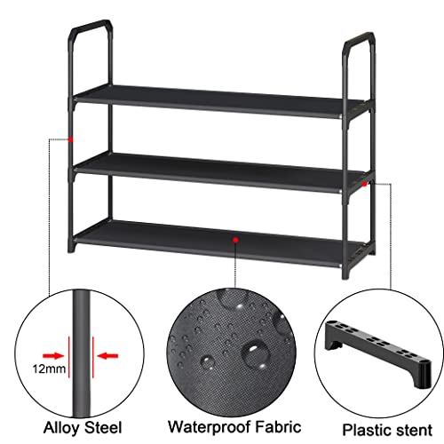 SHELAKET 3-Tiers Stackable Shoe Rack, Expandable & Adjustable Waterproof Fabric Shoe Shelf Storage Organizer For Closet Bedroom Entryway (Black)