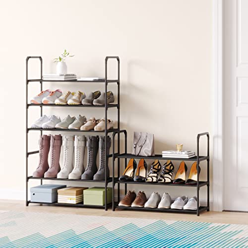 SHELAKET 3-Tiers Stackable Shoe Rack, Expandable & Adjustable Waterproof Fabric Shoe Shelf Storage Organizer For Closet Bedroom Entryway (Black)