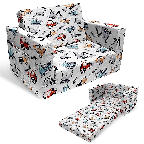 Truwelby Kids Sofa Couch, Boys Children's 2 in 1 Convertible Sofa to Lounger - Extra Soft Flip Open Chair & Sleeper, Truck Excavator Car Printed Toddler Chairs Kids Girls Couch Bed