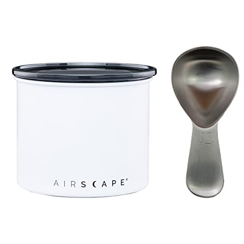 Airscape Stainless Steel Coffee Canister & Scoop Bundle - Food Storage Container - Patented Airtight Lid Pushes Out Excess Air - Preserve Food Freshness (Small, Matte White & Brushed Steel Scoop)