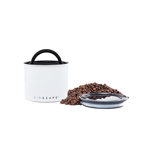 Airscape Stainless Steel Coffee Canister & Scoop Bundle - Food Storage Container - Patented Airtight Lid Pushes Out Excess Air - Preserve Food Freshness (Small, Matte White & Brushed Steel Scoop)