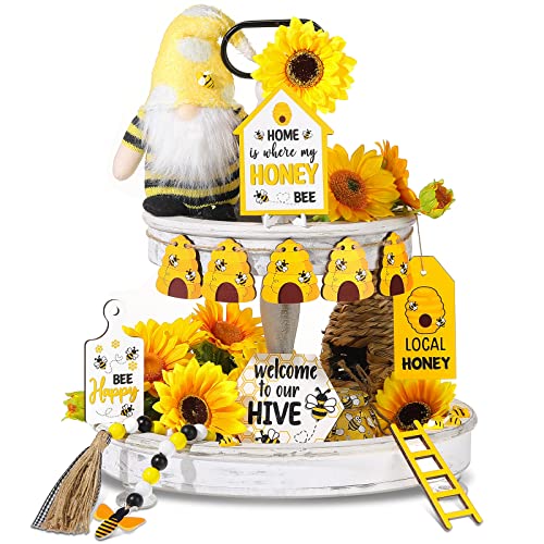 16 Pieces Bee Tiered Tray Decor Set Includes Bee Wooden Sign Sunflower Bee Gnomes Doll Wood Bead Garland with Tassel for Farmhouse Home Kitchen Decor