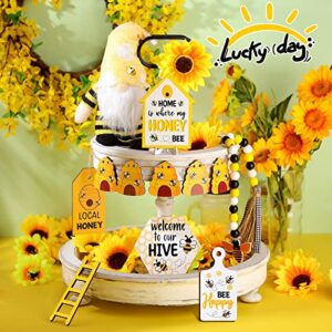 16 Pieces Bee Tiered Tray Decor Set Includes Bee Wooden Sign Sunflower Bee Gnomes Doll Wood Bead Garland with Tassel for Farmhouse Home Kitchen Decor