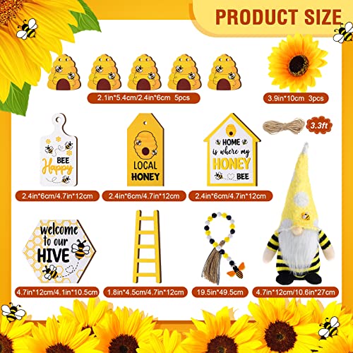 16 Pieces Bee Tiered Tray Decor Set Includes Bee Wooden Sign Sunflower Bee Gnomes Doll Wood Bead Garland with Tassel for Farmhouse Home Kitchen Decor