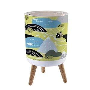 phaibhkerp small trash can with lid scandinavian graphic seamless with housetrees and garbage bin round waste bin press cover dog proof wastebasket for kitchen bathroom living room 1.8 gallon