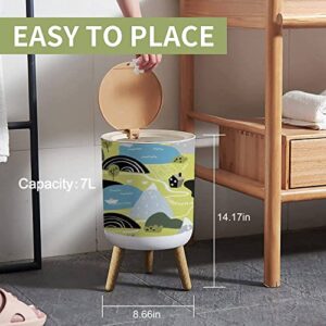 PHAIBHKERP Small Trash Can with Lid Scandinavian Graphic Seamless with housetrees and Garbage Bin Round Waste Bin Press Cover Dog Proof Wastebasket for Kitchen Bathroom Living Room 1.8 Gallon