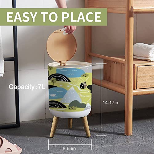 PHAIBHKERP Small Trash Can with Lid Scandinavian Graphic Seamless with housetrees and Garbage Bin Round Waste Bin Press Cover Dog Proof Wastebasket for Kitchen Bathroom Living Room 1.8 Gallon