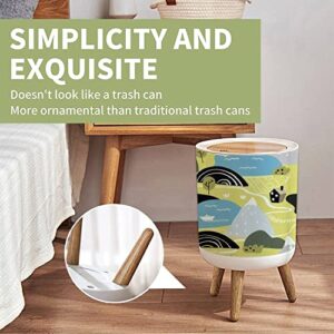 PHAIBHKERP Small Trash Can with Lid Scandinavian Graphic Seamless with housetrees and Garbage Bin Round Waste Bin Press Cover Dog Proof Wastebasket for Kitchen Bathroom Living Room 1.8 Gallon