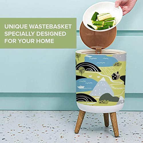 PHAIBHKERP Small Trash Can with Lid Scandinavian Graphic Seamless with housetrees and Garbage Bin Round Waste Bin Press Cover Dog Proof Wastebasket for Kitchen Bathroom Living Room 1.8 Gallon