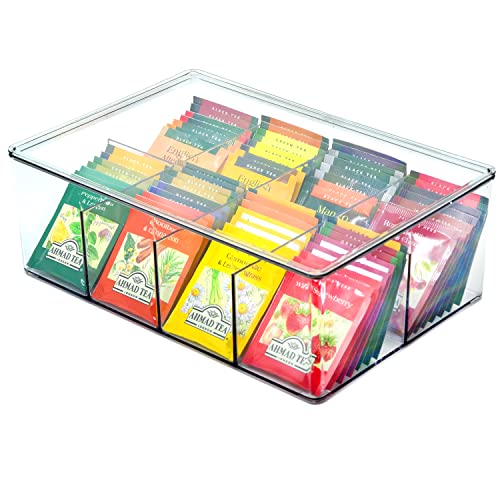 Youngever Large Plastic Tea Packet Organizer with Lids, Reusable Food Packet Storage Container Divided into 8 Compartments, Tea Bags Storage Bin (11" x 7.5" x 4")