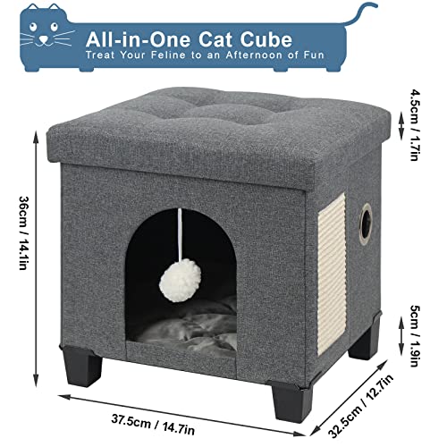 BRIAN & DANY Foldable Cat Bed for Indoor Cats, Large Cat Cube for Pet Cat House with Cat Scratch Board & Cat Ball, 14.7” x 12.7” x 14.1”, Grey