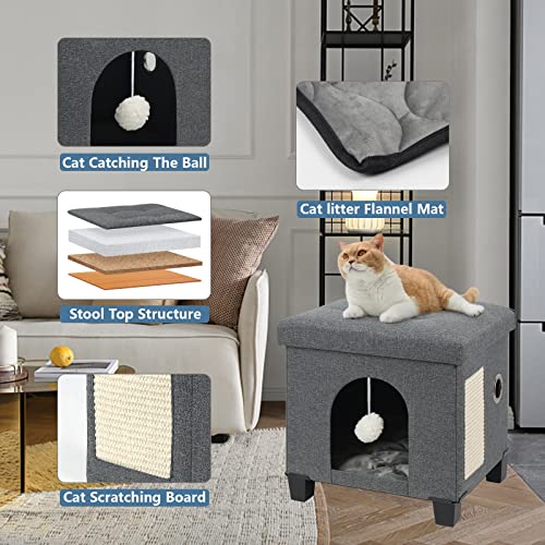 BRIAN & DANY Foldable Cat Bed for Indoor Cats, Large Cat Cube for Pet Cat House with Cat Scratch Board & Cat Ball, 14.7” x 12.7” x 14.1”, Grey