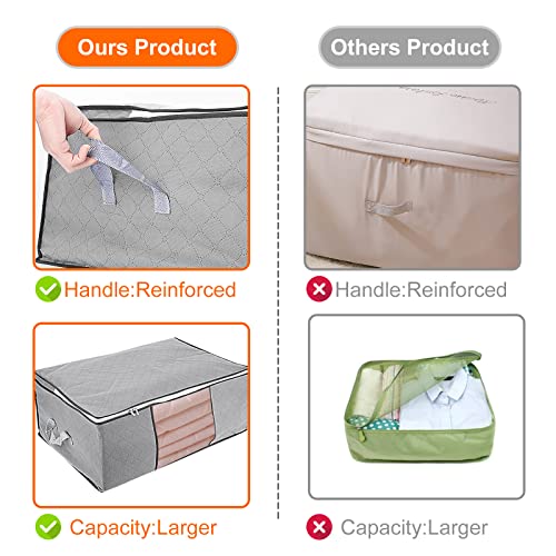 3 Pack Large Capacity Clothes Storage Bag Organizer with Reinforced Handle Thick Fabric for Comforters, Blankets, 105L, Grey