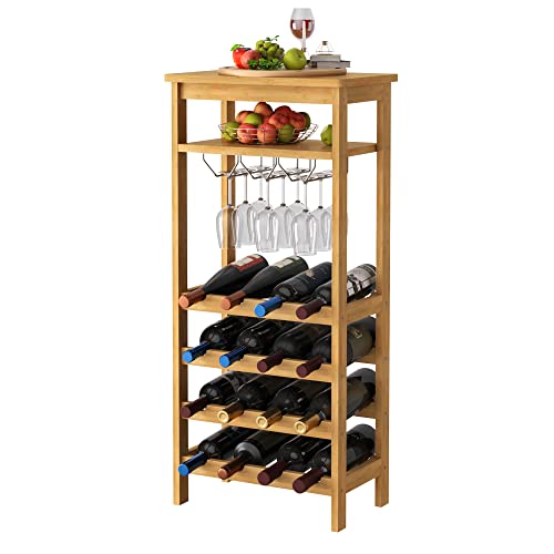 FOTOSOK Bamboo Floor Wine Rack, Freestanding Wine Bottle Organizer Shelves with Glass Holder Rack,16 Bottles, Wobble-Free Wine Display Storage Stand with Table Top for Kitchen Bar Dining Room, Natural