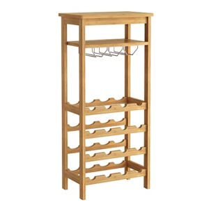 FOTOSOK Bamboo Floor Wine Rack, Freestanding Wine Bottle Organizer Shelves with Glass Holder Rack,16 Bottles, Wobble-Free Wine Display Storage Stand with Table Top for Kitchen Bar Dining Room, Natural