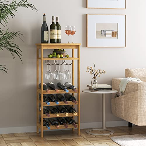 FOTOSOK Bamboo Floor Wine Rack, Freestanding Wine Bottle Organizer Shelves with Glass Holder Rack,16 Bottles, Wobble-Free Wine Display Storage Stand with Table Top for Kitchen Bar Dining Room, Natural