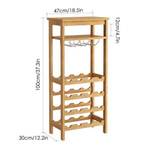 FOTOSOK Bamboo Floor Wine Rack, Freestanding Wine Bottle Organizer Shelves with Glass Holder Rack,16 Bottles, Wobble-Free Wine Display Storage Stand with Table Top for Kitchen Bar Dining Room, Natural