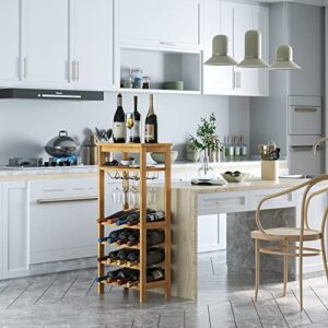 FOTOSOK Bamboo Floor Wine Rack, Freestanding Wine Bottle Organizer Shelves with Glass Holder Rack,16 Bottles, Wobble-Free Wine Display Storage Stand with Table Top for Kitchen Bar Dining Room, Natural