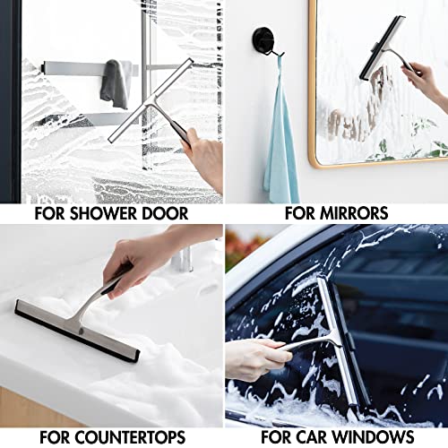 TAILINK Shower Squeegee for Glass Doors, Window Squeegee with One Suction Cup Holder and Fine Microfiber Cloths for Glass, 10-Inch Stainless Steel Squeegee for Barthroom, Shower Door, Glass, Window…