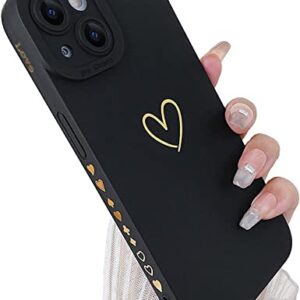 SmoBea Compatible with iPhone 13 Case Luxury Gold Heart Pattern Soft Liquid Silicone Shockproof Case for Women Girls Side Cute Plated Heart Pattern Slim Phone Case (Black)