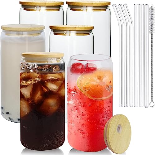 LMHEJING 6 Pieces 20oz Beer Glass with Lids and Straw, 20oz Glass Cups Glass Cups Beer Cute Tumbler Cup, Ideal for Whiskey, Soda, Tea, Water