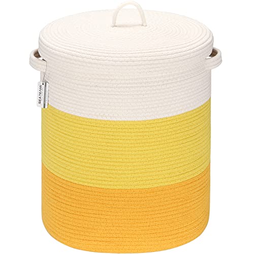 Sea Team Large Size Cotton Rope Woven Storage Basket with Lid, Lidded Laundry Hamper with Handles, Fabric Bucket with Cover, Clothes Toys Organizer for Kid's Room, 16 x 20 inches, White & Yellow