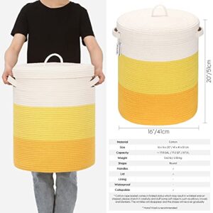 Sea Team Large Size Cotton Rope Woven Storage Basket with Lid, Lidded Laundry Hamper with Handles, Fabric Bucket with Cover, Clothes Toys Organizer for Kid's Room, 16 x 20 inches, White & Yellow