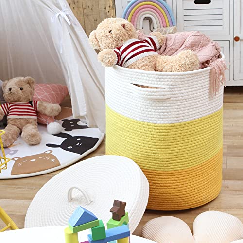 Sea Team Large Size Cotton Rope Woven Storage Basket with Lid, Lidded Laundry Hamper with Handles, Fabric Bucket with Cover, Clothes Toys Organizer for Kid's Room, 16 x 20 inches, White & Yellow