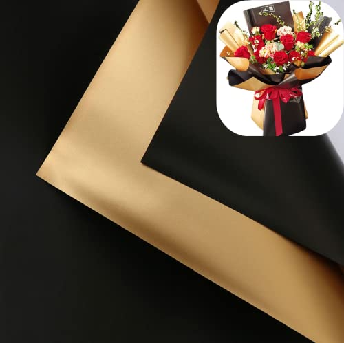 XICHEN 20 Sheets Florist Bouquet Supplies,DIY Crafts,Gift Packaging or Gift Box Packaging, Pearl film and Flow golden two-color Double sided flowers wrapping paper 22.8 * 22.8Inch (Black & Gold)