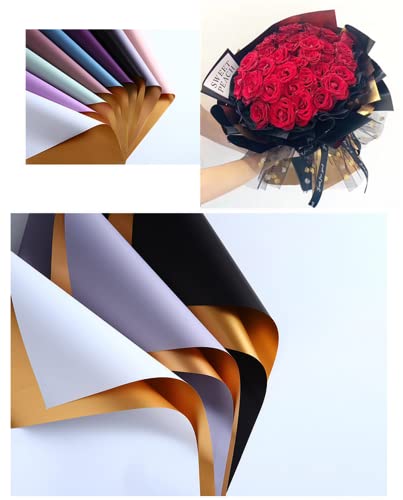 XICHEN 20 Sheets Florist Bouquet Supplies,DIY Crafts,Gift Packaging or Gift Box Packaging, Pearl film and Flow golden two-color Double sided flowers wrapping paper 22.8 * 22.8Inch (Black & Gold)