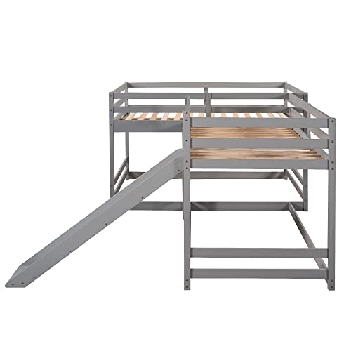 MERITLINE Quad Bunk Beds,Wood L-Shaped Bunk Beds with Slide and Ladder, 4 in1 Full and Twin Size Bunk Bed for Kids, Teens, Adults,Grey