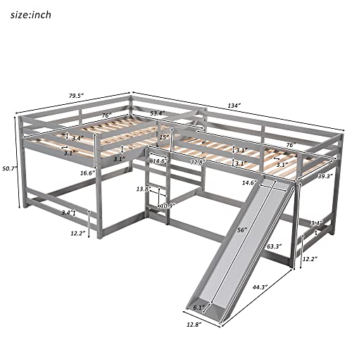 MERITLINE Quad Bunk Beds,Wood L-Shaped Bunk Beds with Slide and Ladder, 4 in1 Full and Twin Size Bunk Bed for Kids, Teens, Adults,Grey