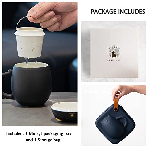 Liywall - Ceramic Tea Mug with Infuser and Lid, Cat Design Handmade Porcelain Tea Cup Strainer With Portable Shockproof Storage Case for Travel Office Home,Wife Girlfriend Gift - Black