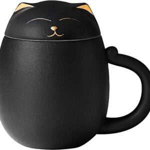 Liywall - Ceramic Tea Mug with Infuser and Lid, Cat Design Handmade Porcelain Tea Cup Strainer With Portable Shockproof Storage Case for Travel Office Home,Wife Girlfriend Gift - Black