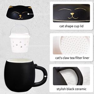 Liywall - Ceramic Tea Mug with Infuser and Lid, Cat Design Handmade Porcelain Tea Cup Strainer With Portable Shockproof Storage Case for Travel Office Home,Wife Girlfriend Gift - Black